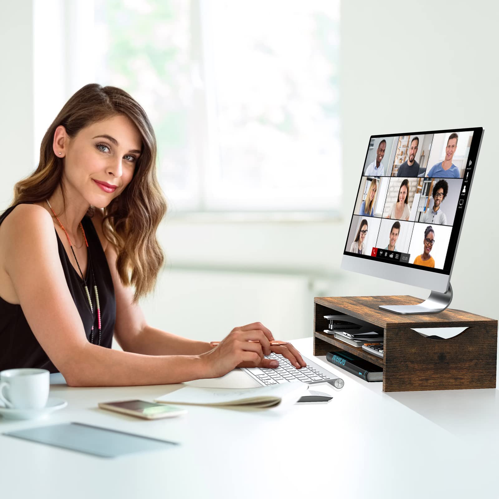 ELIVED Monitor Stand Riser, 2 Tiers Wood Monitor Riser Stand with Desktop Shelf Storage Organizer, Ergonomic Desk & Tabletop Organizer Desktop Stand for Laptop Computer, MacBook, PC(Rustic Brown)