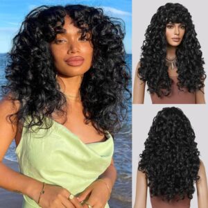 lonai curly wig with bangs for black women long black kinky wigs with wispy bangs wig006 curly gorgeous fringe synthetic wig for daily use party cosplay-black