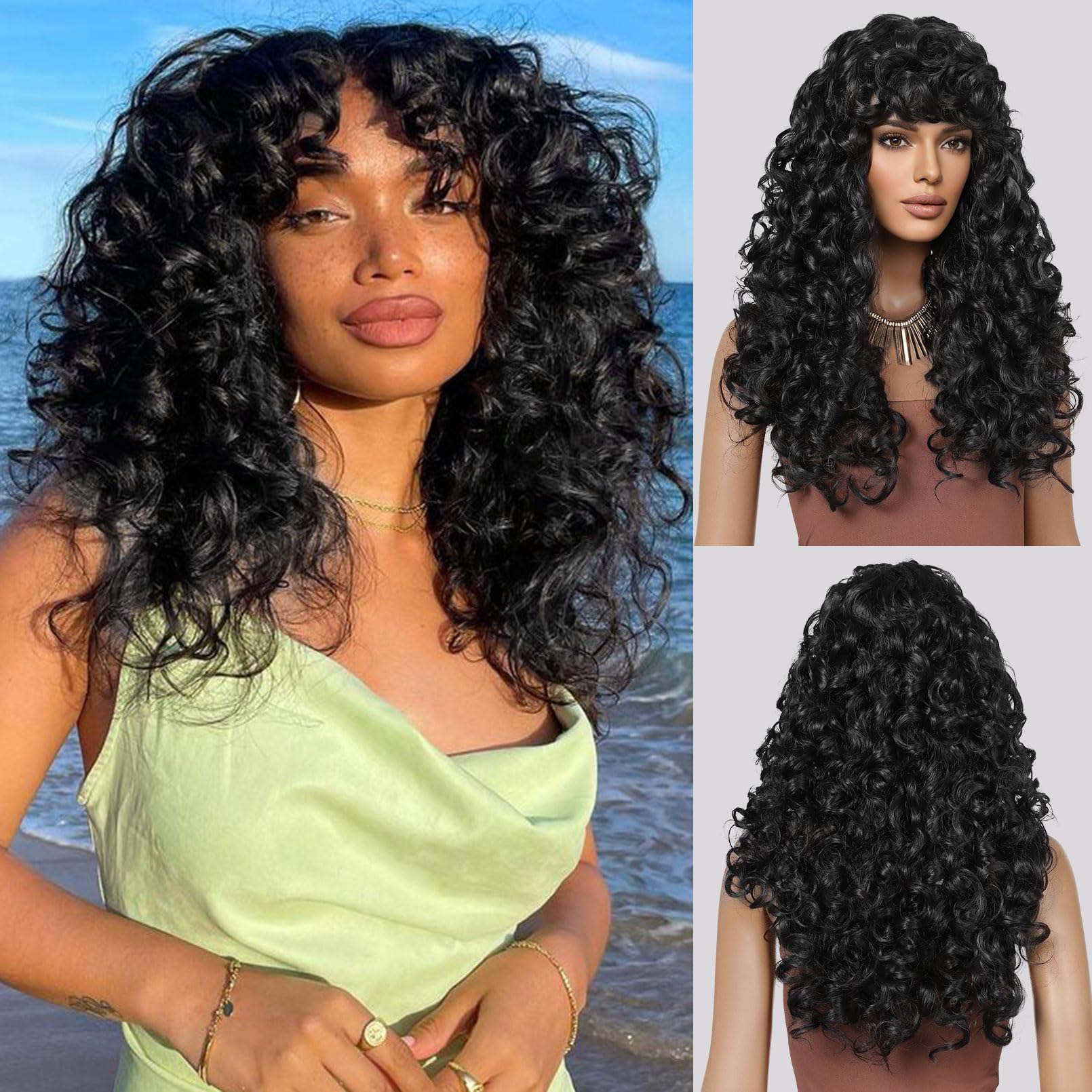 LONAI Curly Wig with Bangs for Black Women Long Black Kinky Wigs with Wispy Bangs WIG006 Curly Gorgeous Fringe Synthetic Wig for Daily Use Party Cosplay-Black