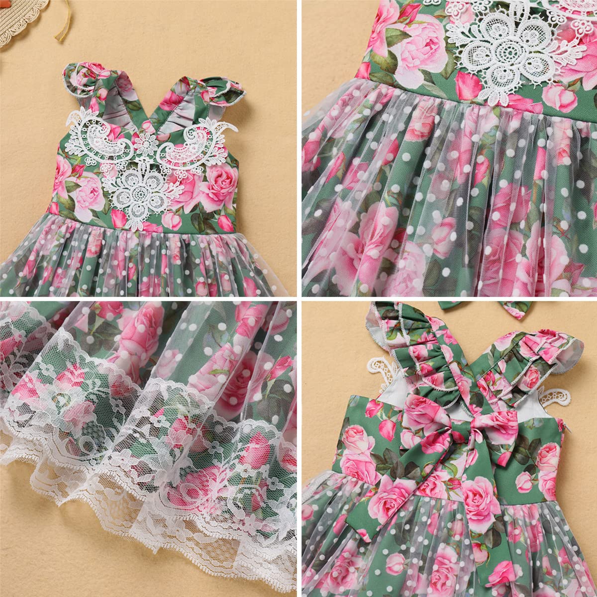 Newborn Baby Flower Girls Tutu Satin Floral Beach Dress Princess Formal Party Wedding Gown Birthday Bowknot Pageant Communion Baptism Overall Outfit Sundress for Photo Shoot Cows-Pink 12-18 Months