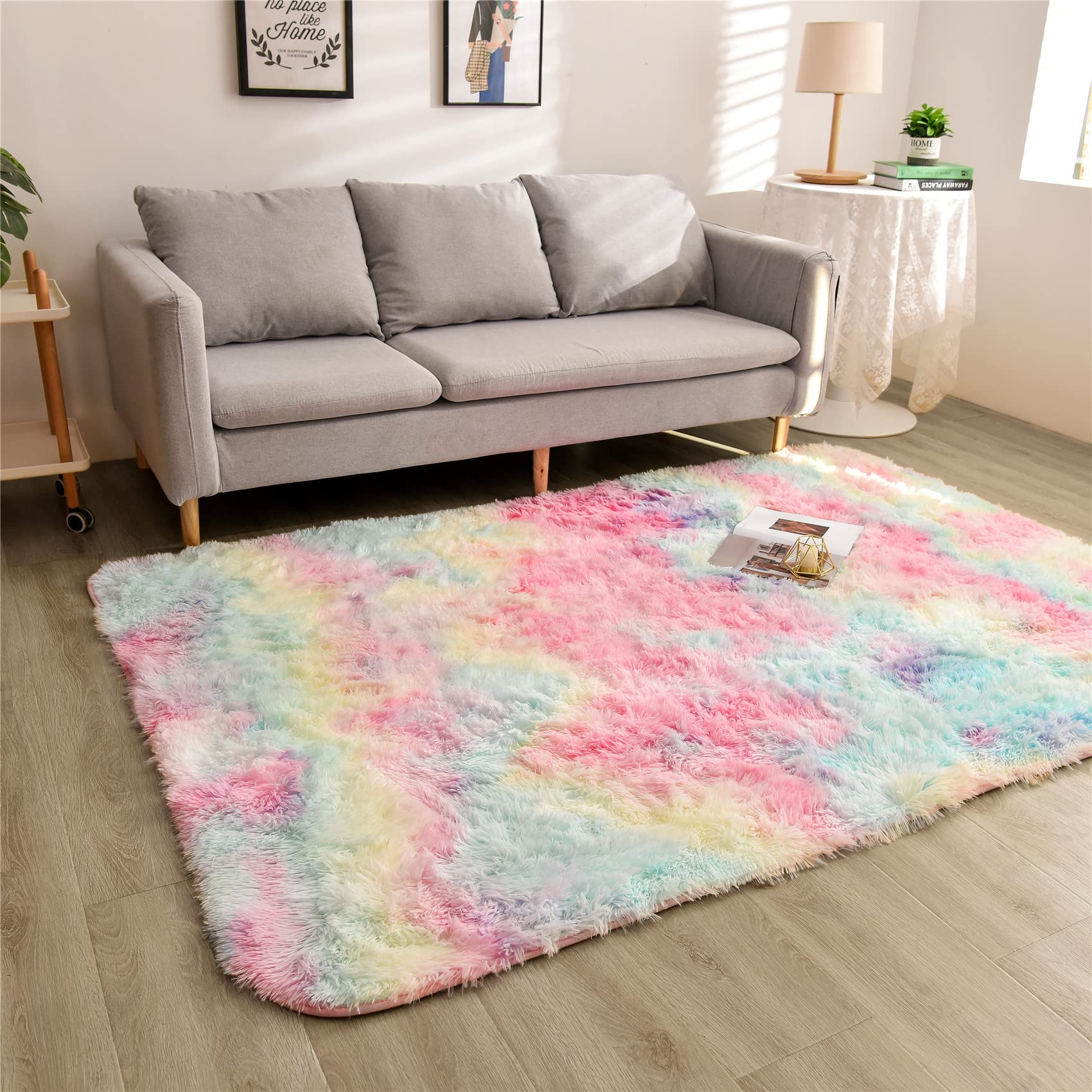 Meeting Story Tie Dye Area Rugs Rainbow Ombre Shaggy Rugs Soft and Fuzzy for Girls Bedroom Living Room Toddlers Baby and Pet Play Space (Pink, 3 * 5 Feet)