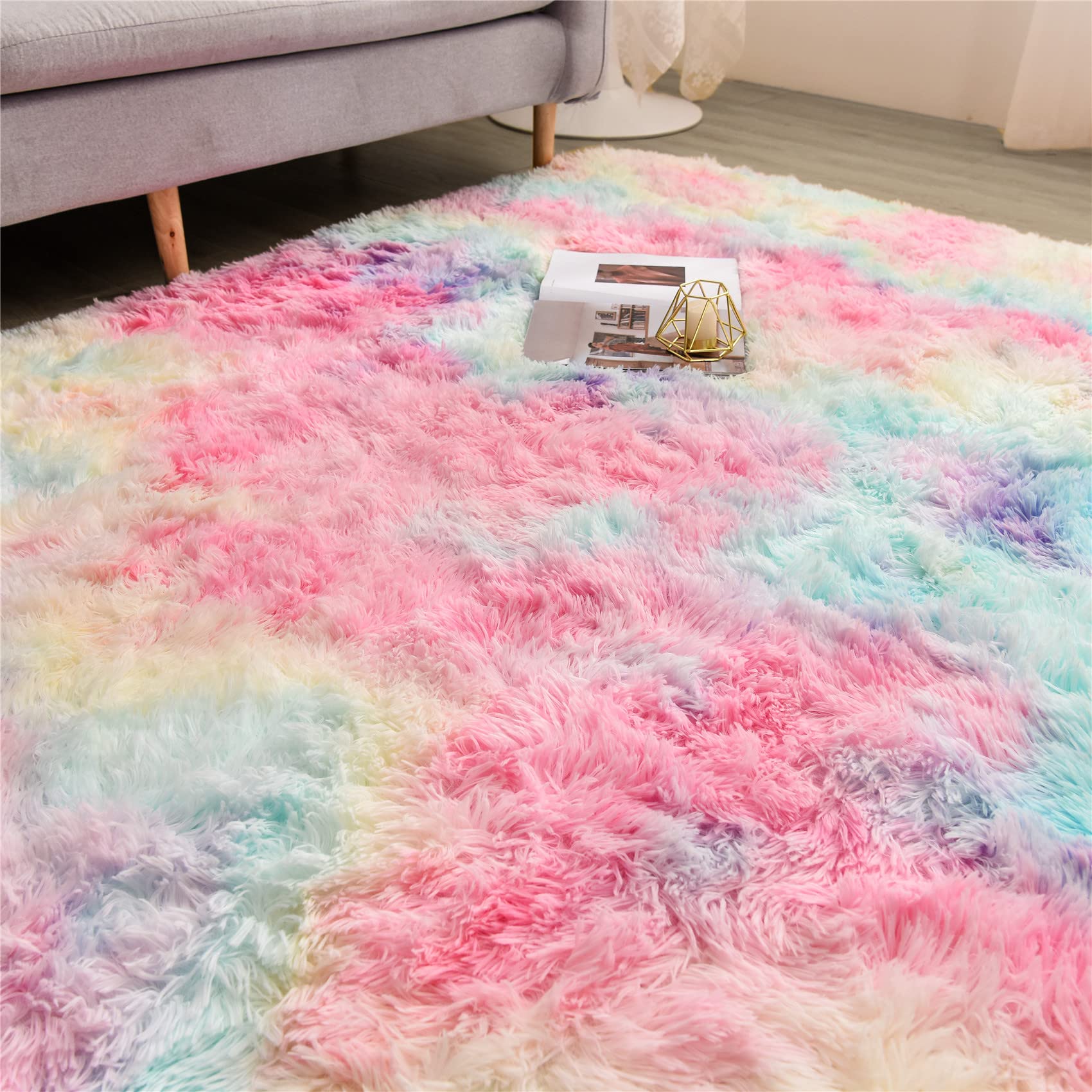 Meeting Story Tie Dye Area Rugs Rainbow Ombre Shaggy Rugs Soft and Fuzzy for Girls Bedroom Living Room Toddlers Baby and Pet Play Space (Pink, 3 * 5 Feet)