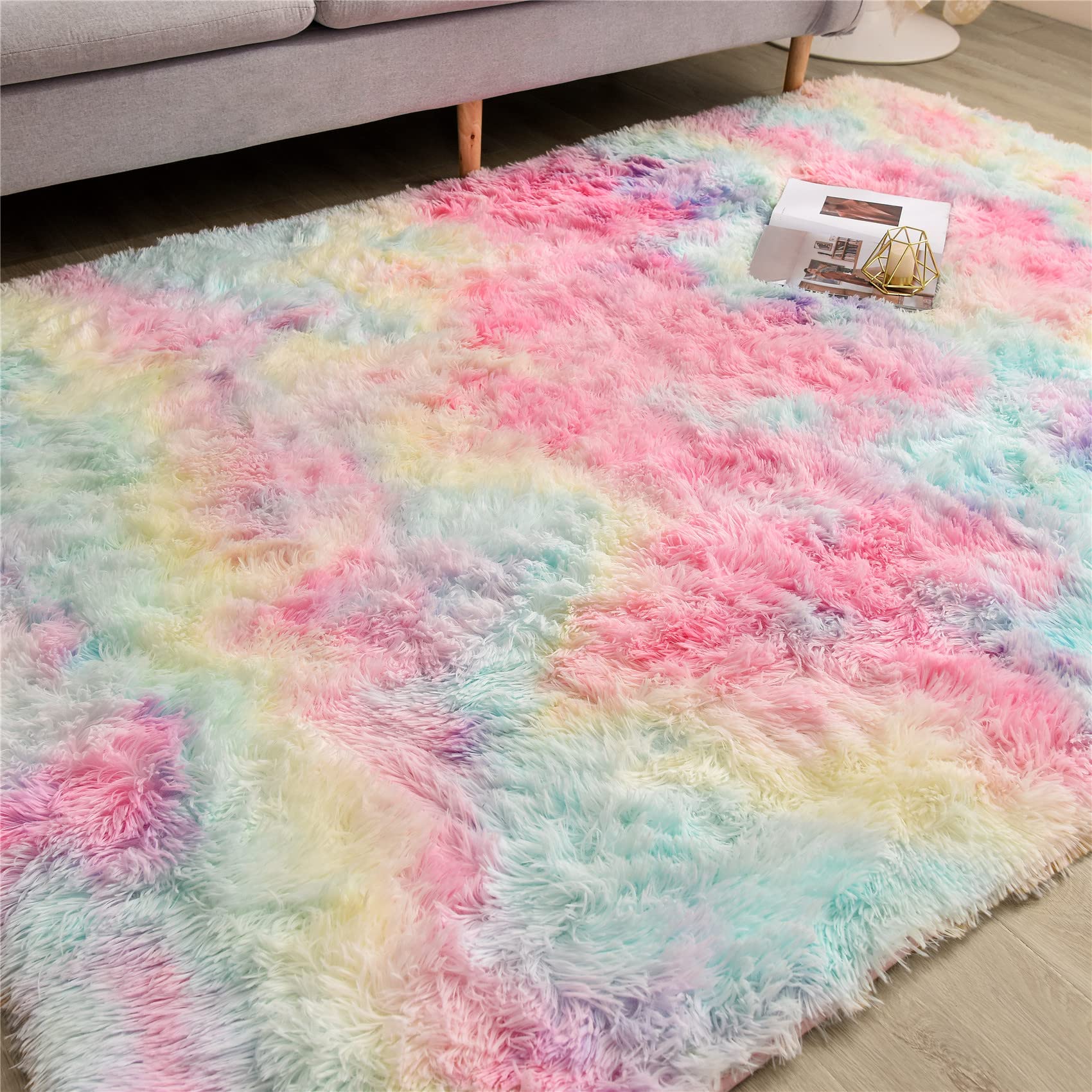 Meeting Story Tie Dye Area Rugs Rainbow Ombre Shaggy Rugs Soft and Fuzzy for Girls Bedroom Living Room Toddlers Baby and Pet Play Space (Pink, 3 * 5 Feet)