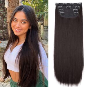 fnypretty straight hair extensions long dark brown clip in hair extensions for women fluffy and no tangled