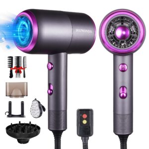 shuwanjia ionic hair dryer, grey, 1800w, 3 heating, 2 speed, cooling, thermostat, safety, negative ions, ceramic, corded electric