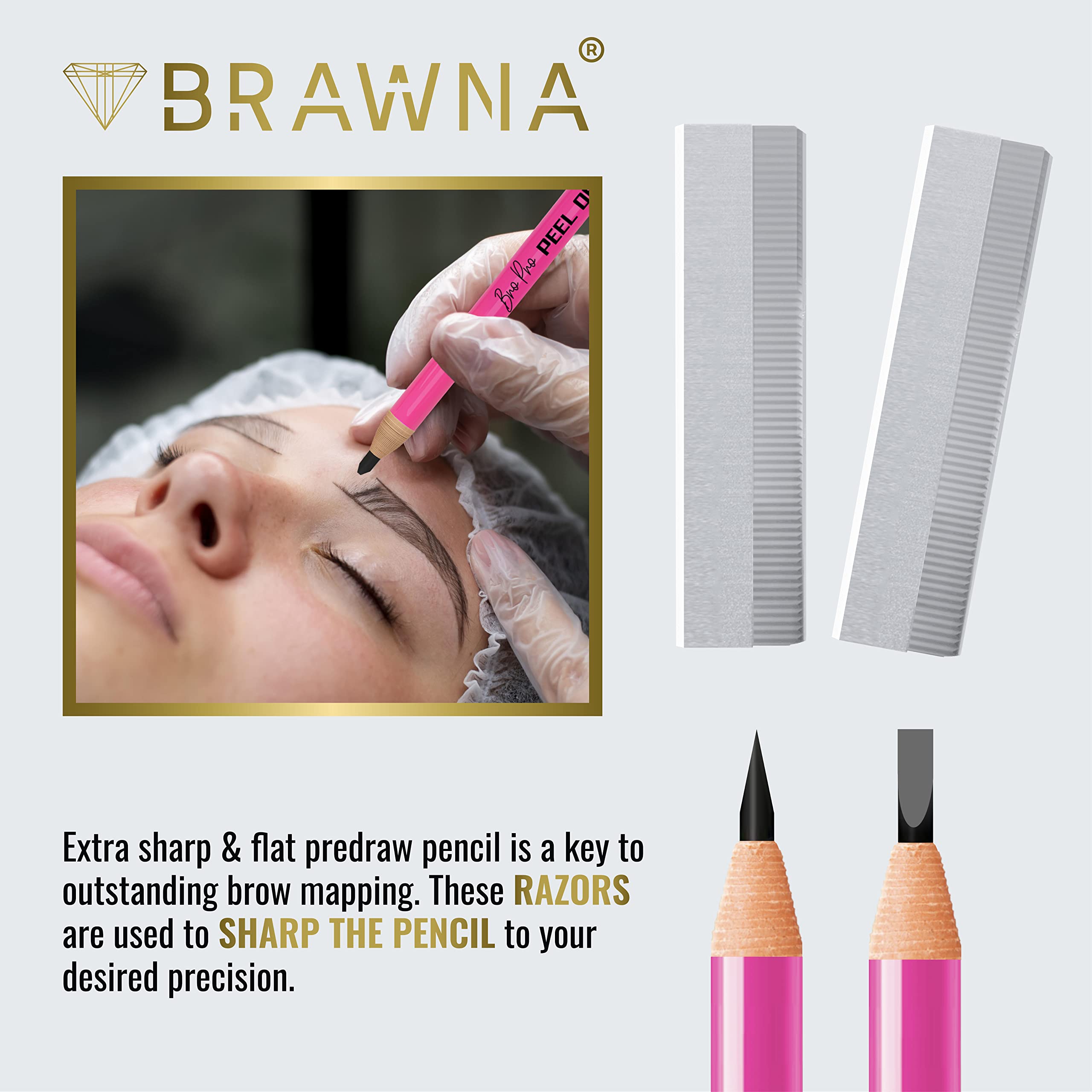 BRAWNA PMU Supplies Eyebrow Razor Blades - Stainless Steel Single Edge Razor Blades - Eyebrow Pencil Shaper - Duckbill - Shape Pencil Sharpening Tool for Waterproof Peel Off Pencils - 10 Pck