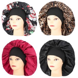 xieklpwy 4 pcs large satin hair bonnet for sleeping, wide elastic band sleep caps for women, adjustable satin cap for sleeping, night sleeping head cover for long hair, curly hair