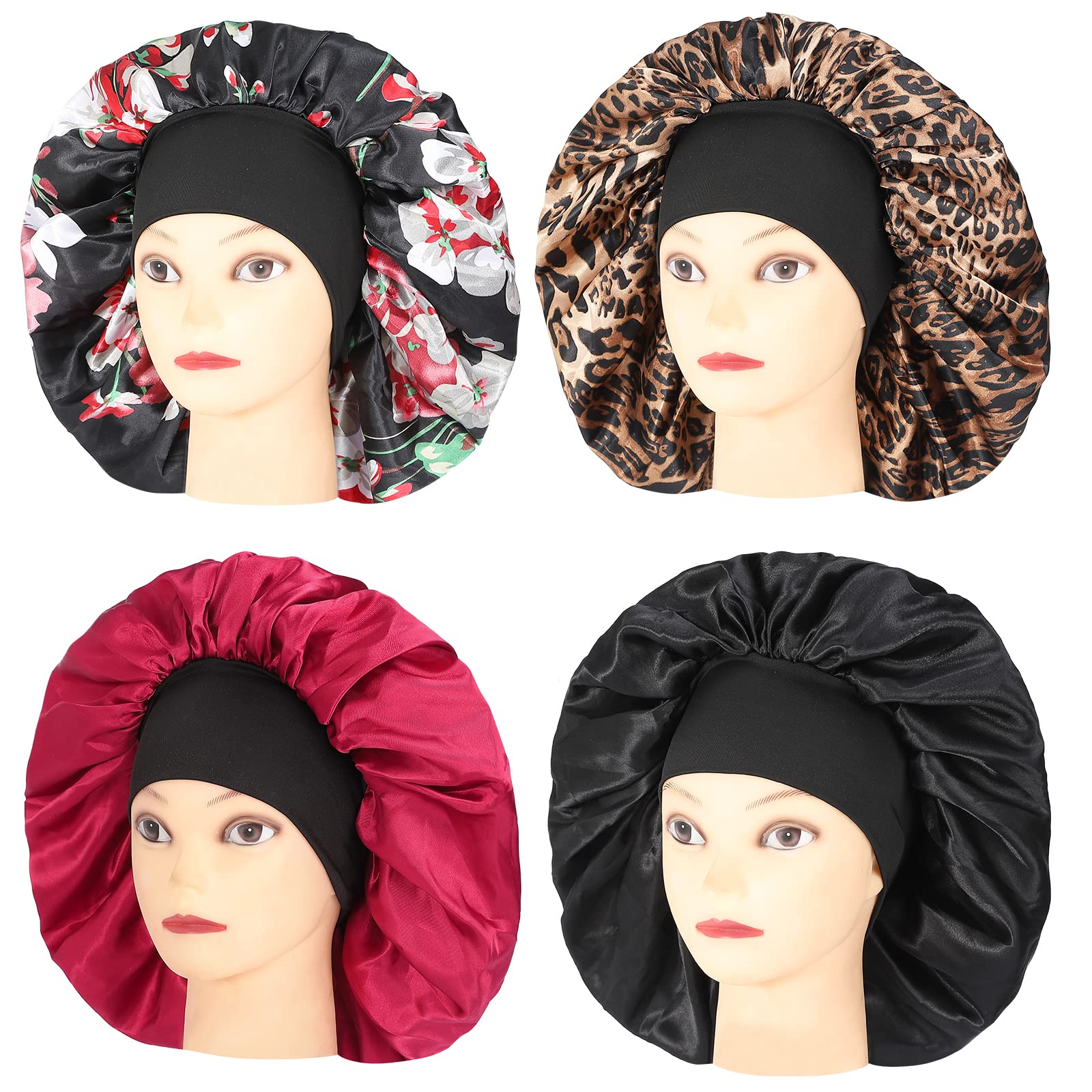 Xieklpwy 4 Pcs Large Satin Hair Bonnet for Sleeping, Wide Elastic Band Sleep Caps for Women, Adjustable Satin Cap for Sleeping, Night Sleeping Head Cover for Long Hair, Curly Hair