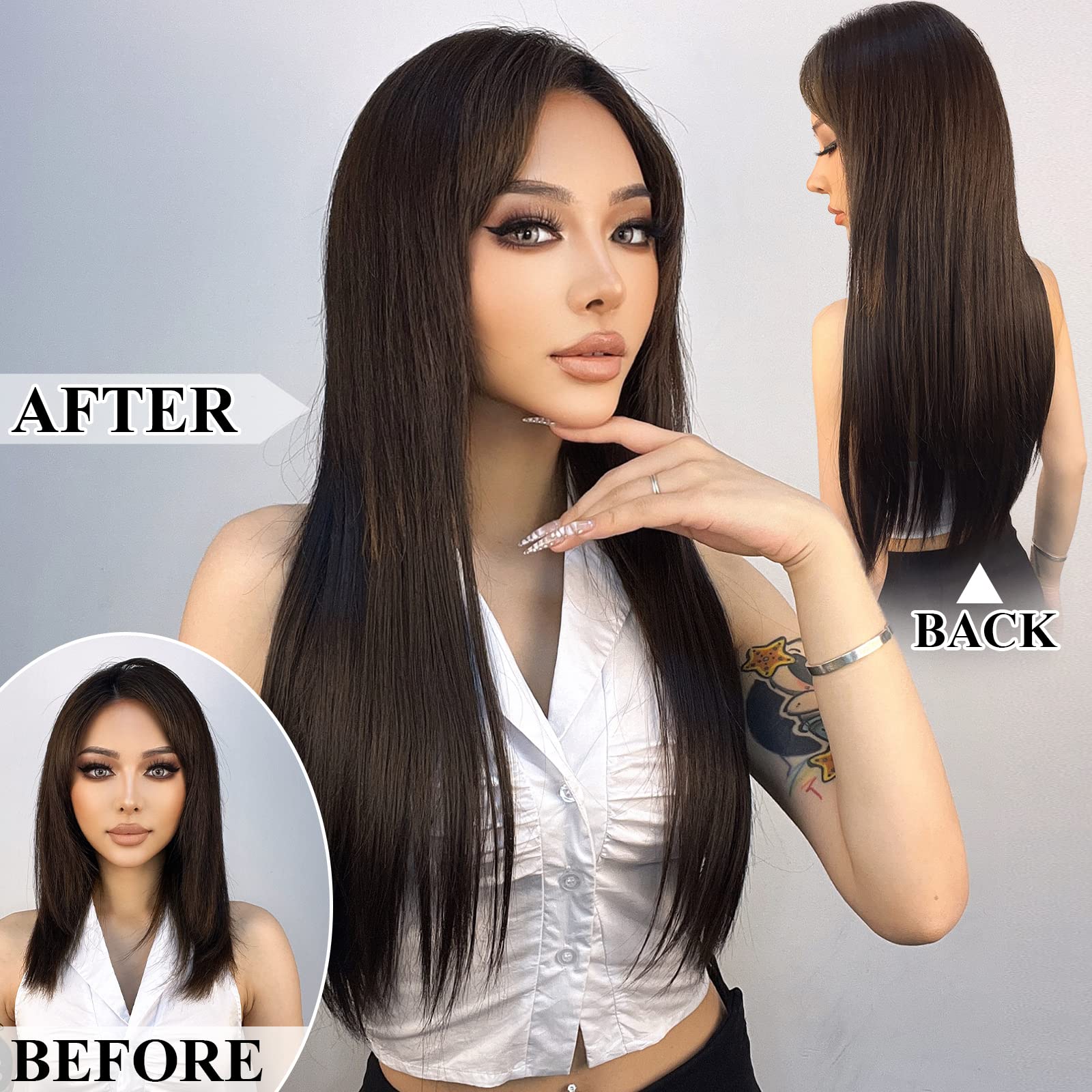 FnyPretty Straight Hair Extensions Long Dark Brown Clip in Hair Extensions for Women Fluffy and no Tangled