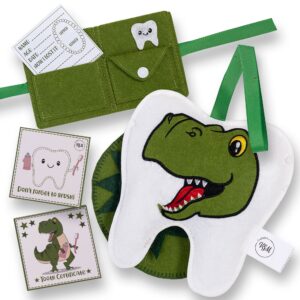 dinosaur tooth fairy pillow boy-tooth fairy kit w/notepad & keepsake photo pouch-felt tooth fairy box - dear tooth fairy notepad - keepsake tooth fairy pouch for teeth - tooth fairy pillow boy & girls