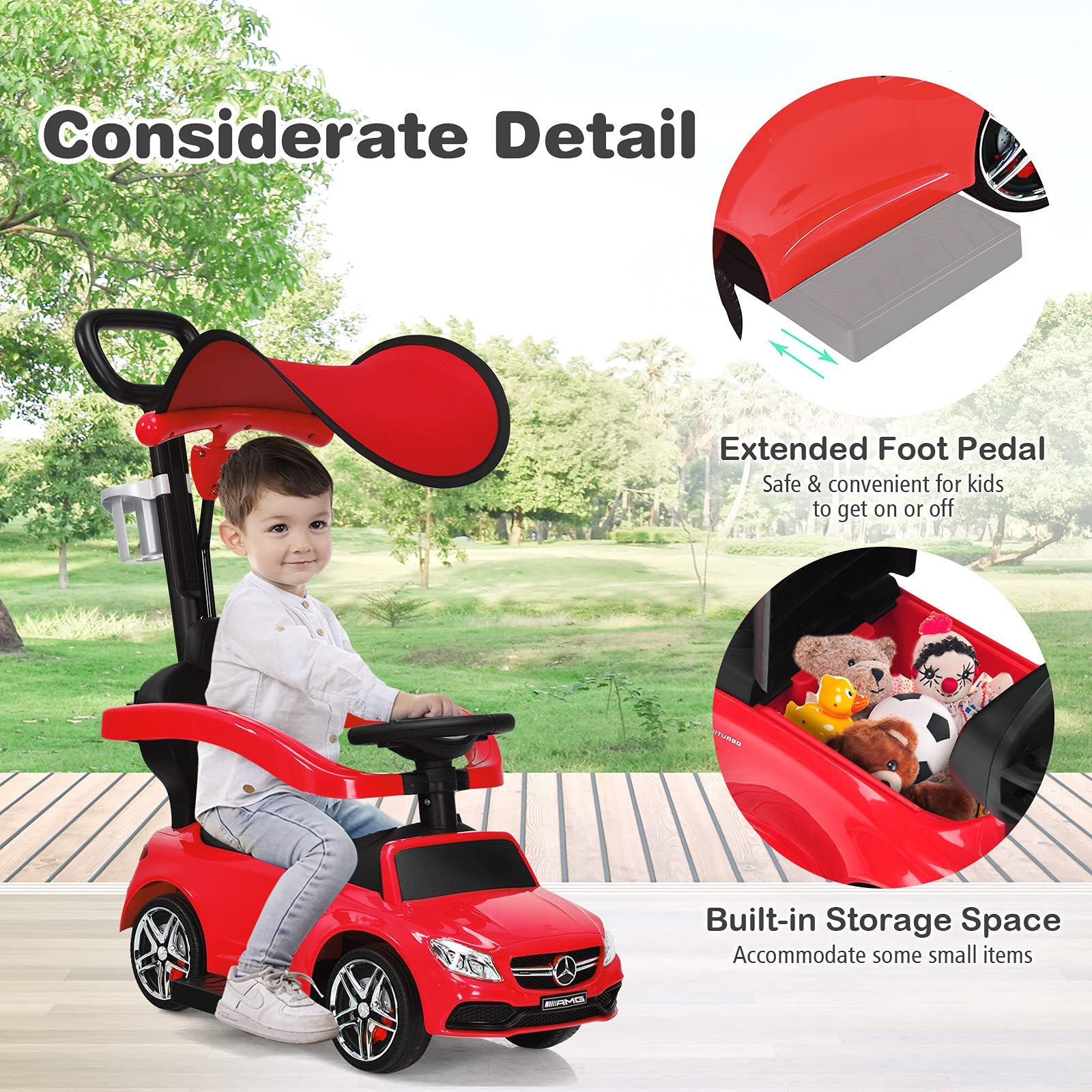 OLAKIDS 3-in-1 Kids Ride on Push Car, Licensed Mercedes Benz Toddlers Stroller with Removable Canopy Parents Handle Underneath Storage Cup Holder, Foot-to-Floor Walking Toy with Horn Music (Light Red)