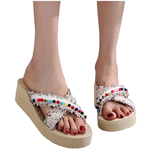 sckarle Women's Wedge Sandals Open Toe Platform Cross Lace Strap Espadrille Slip On Casual Beach Slides Sandals