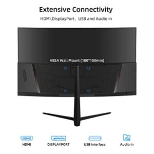 Prechen 24" Curved Frameless Gaming Monitor, 1800R, VA, FHD 1920x1080, 165Hz (144Hz Supported), AMD FreeSync Premium, 3000:1 Contrast Ratio, 2ms, VESA Mountable, HDMI, USB, DisplayPort, Black