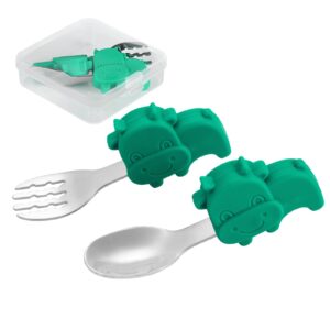 hiwood baby spoon and fork training set with travel case, toddler utensils silverware set, 316 stainless steel and silicone flatware set for kids self feeding(cow, green)