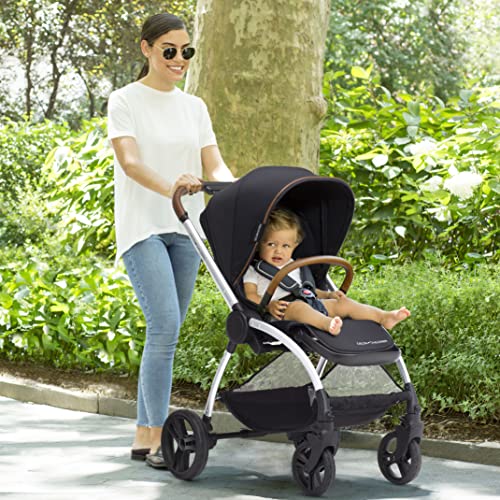 Delta Children Revolve Reversible Stroller - Leather Handlebar; One Hand Easy Fold; Lightweight Shock-Absorbing Frame; Reclining Seat and Adjustable Footrest, Black