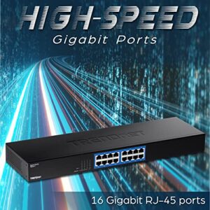 TRENDnet 16-Port Gigabit Switch, TEG-S17, 16 x Gigabit RJ-45 Ports, 32Gbps Switching Capacity, Fanless Design, Metal Enclosure, Internal Power Supply, Lifetime Protection, Black