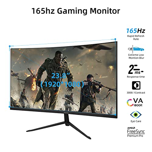 Prechen 24" Curved Frameless Gaming Monitor, 1800R, VA, FHD 1920x1080, 165Hz (144Hz Supported), AMD FreeSync Premium, 3000:1 Contrast Ratio, 2ms, VESA Mountable, HDMI, USB, DisplayPort, Black