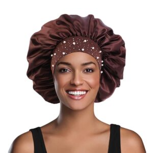 yeeman hair bonnet glittering pearls and rhinestones satin bonnet wide band sleeping cap (black)