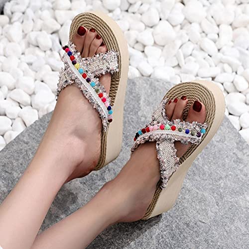 sckarle Women's Wedge Sandals Open Toe Platform Cross Lace Strap Espadrille Slip On Casual Beach Slides Sandals