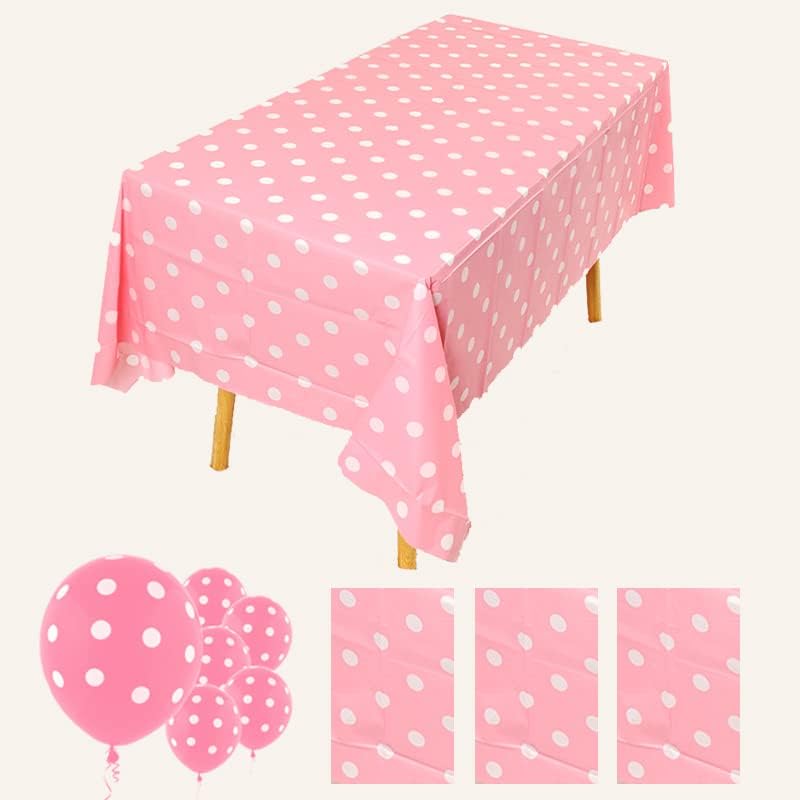 ZJDHPTY 3Pack Plastic Table Cloth Disposable for Rectangle Tables, Pink Polka Dot Table Cloths for Birthday Baby Shower Minnie Mouse Theme Party Decorations Size 54x108 Inch (Pink+White dots)