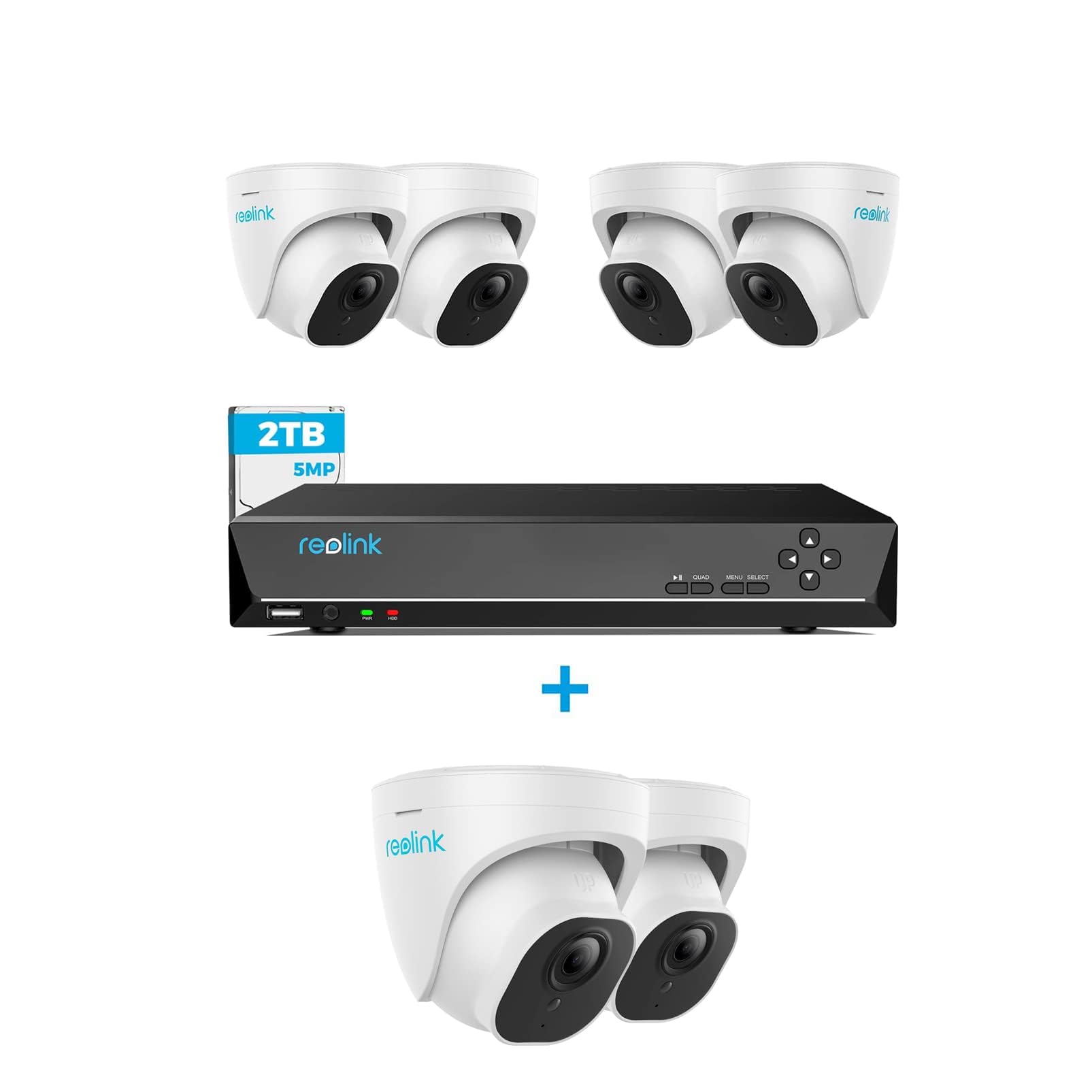 Reolink 5MP PoE Security Camera System Bundle, 6pcs 5MP Smart Human Vehicle Detection PoE Cameras, nDome IP Cameras, an 8CH NVR Pre-Installed with 2TB HDD(Include 4 x 18M Cat5 Cable)