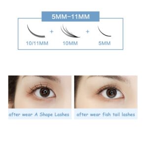 LASGOOS DIY Eyelash Extensions Natural 3D Individual Lash 40pcs 5mm Single Bottom/Lower Lash + 80pcs 10/11mm A Shape+ 80pcs Fish Tail Volume Lashes Mixed, Home Grafted C curl Lashes Pack