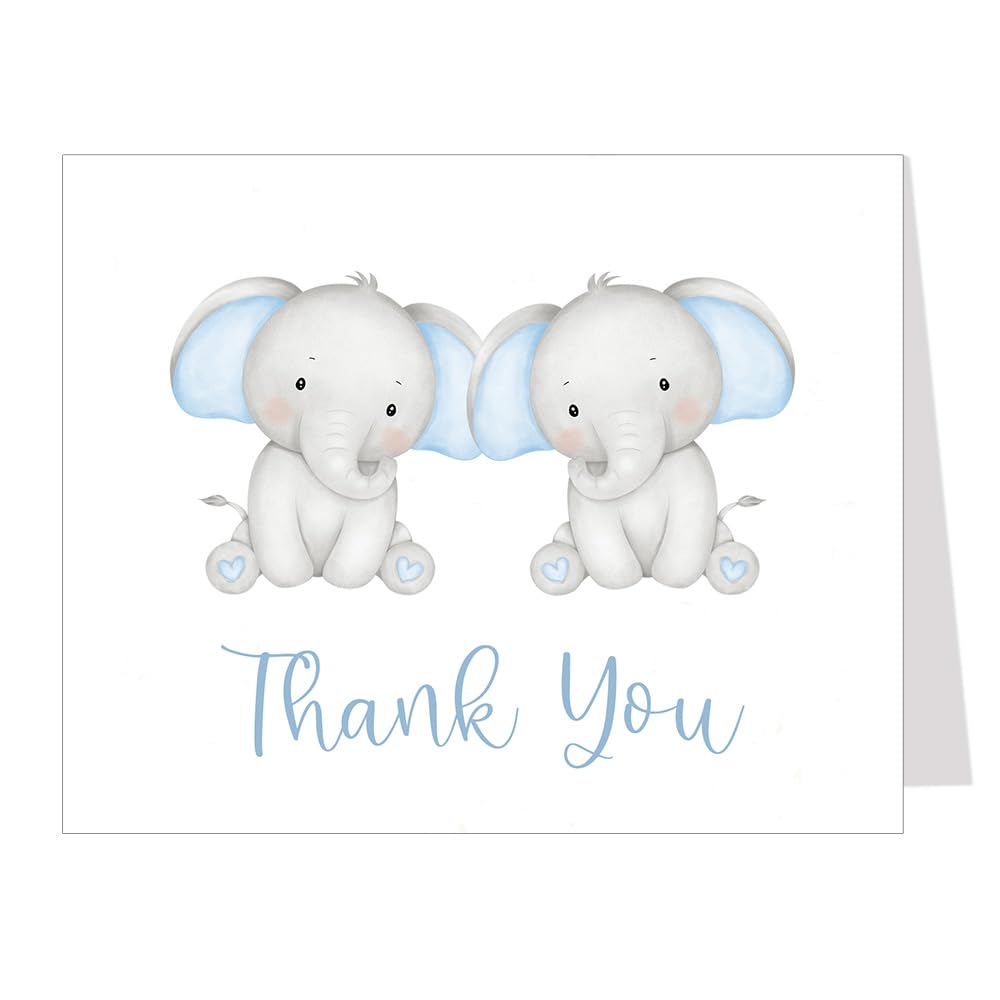 The Invite Lady Elephant Baby Shower Thank You Cards Watercolor Twins Unisex Gender Neutral Girl Boy Blue Pink Little Peanut Sprinkle Printed Folding Notes (24 Count)