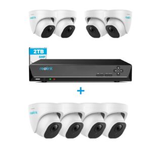 reolink 5mp poe security camera system bundle, 8pcs 5mp smart human vehicle detection poe cameras, dome ip cameras, an 8ch nvr pre-installed with 2tb hdd(include 4 x 18m cat5 cable)