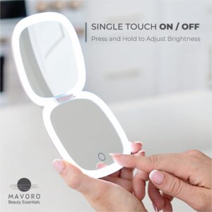 Mavoro LED Lighted Travel Makeup Mirror, Rechargeable, 1x/10x Magnification - Daylight LED, Pocket or Purse Mirror, Small Travel Mirror. Folding Portable Mirror, Touch Sensor, USB (Heavenly Pink)