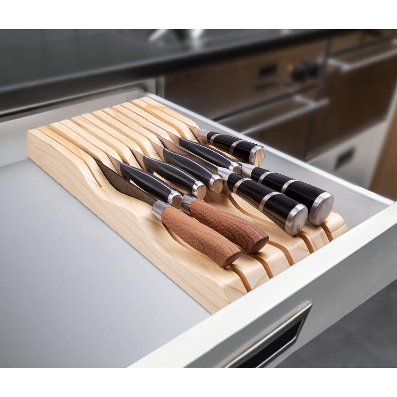 RedCall Kitchen Knife Holder for Drawer Solid Wood Universal Knife Block Without Knives,Bamboo home & chef Knife in-Drawer Organizer Insert,Premium Under Cabinet Knife Storage (11 knife holder)