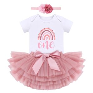 boho rainbow 1st birthday outfit for baby girl one year old party cake smash photo shooting props cotton short sleeve romper princess tutu tulle skirt diaper cover flower headband 3pcs set dusty pink