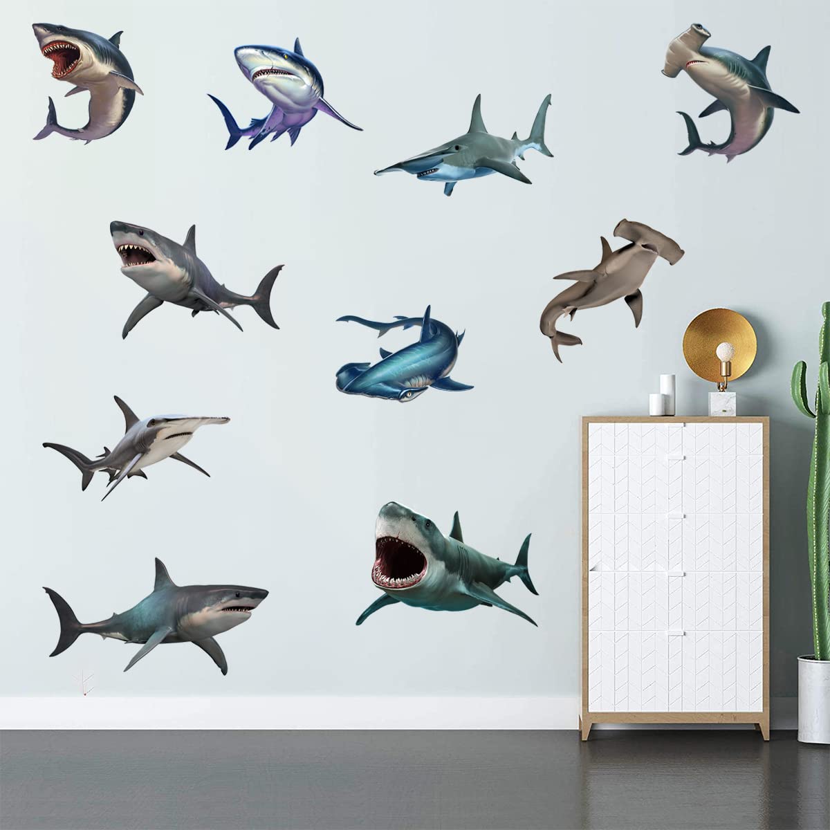 MEFOSS 11 PCS 3D Large Shark Wall Decal Stickers, Ocean Animal Under The Sea Wall Decal Stickers, Peel and Stick Removable Sea Creature Shark Stickers for Kids Room Playroom Bathroom Baby Nursery Wall Decor