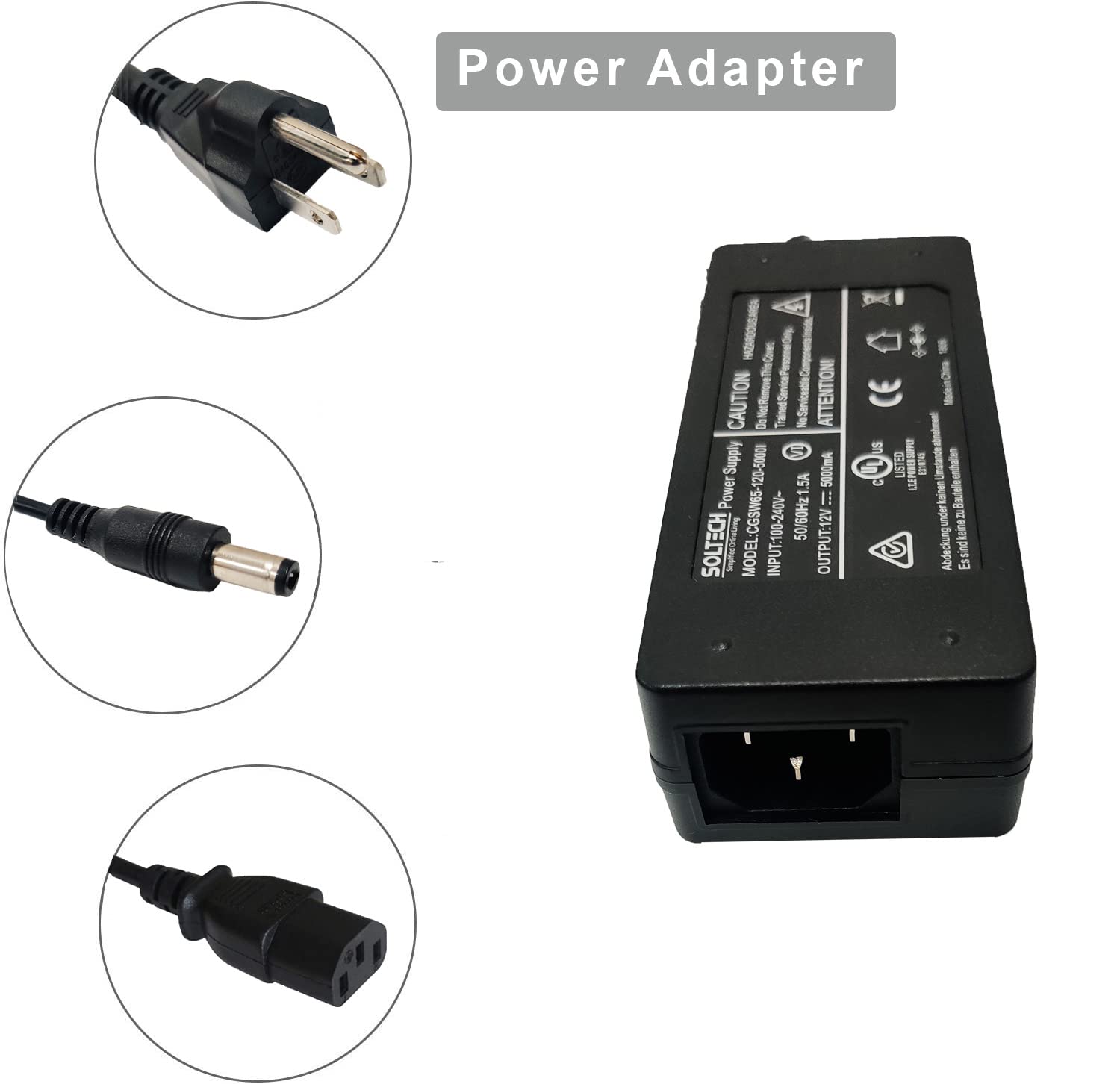 [UL Listed] SOLTECH 12V 5A 60W CCTV Security Camera Power Supply AC DC Adapter with 8-Way Power Splitter Compatible with Samsung Wisenet Lorex, Night Owl, Defender Q-See Swann