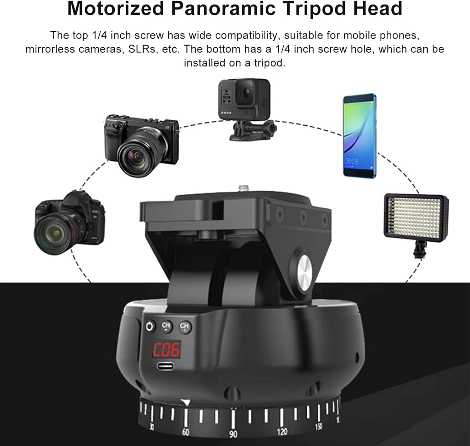 Motorized Pan Tilt Head, 100m Control, 360 Degree Rotation, Tilt ±35 Degree, 9 Gears Adjustable Speed, Panoramic Tripod Head for Smartphones, Camera