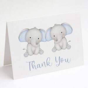 The Invite Lady Elephant Baby Shower Thank You Cards Watercolor Twins Unisex Gender Neutral Girl Boy Blue Pink Little Peanut Sprinkle Printed Folding Notes (24 Count)