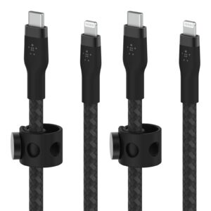 belkin boostcharge pro flex braided usb type-c to lightning cable 2-pack (2m/6.6ft), mfi-certified 20w fast charging pd power delivery for iphone 13, iphone 12, iphone 11, ipad, and more - black