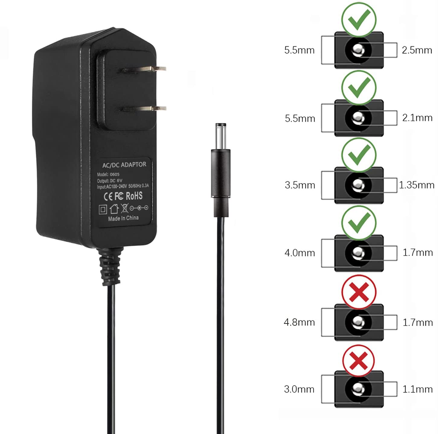 6V 2A AC/DC Adapter, Wall Charger, 5.5mm x 2.1mm & 2.5mm (Center Positive) DC Plug Compatible for 6 Volt 2A 1.5A 1A 800mA 700mA 600mA 500mA 300mA 100mA~2000mA Equipment Power Supply Cable Cord