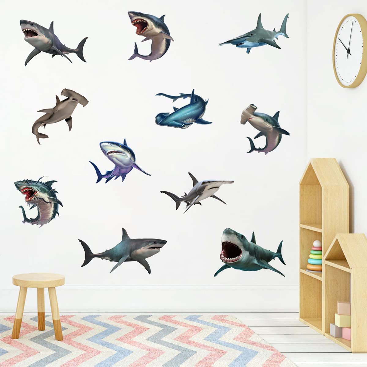 MEFOSS 11 PCS 3D Large Shark Wall Decal Stickers, Ocean Animal Under The Sea Wall Decal Stickers, Peel and Stick Removable Sea Creature Shark Stickers for Kids Room Playroom Bathroom Baby Nursery Wall Decor