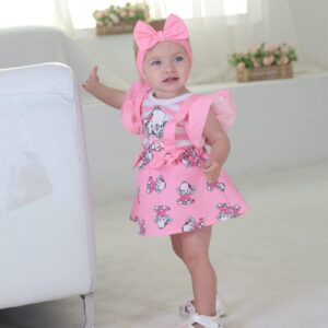 PAKGLEJG Newborn Baby Girl Romper Clothes Elephant Suspender Dress Ruffle Sleeve Onsesie Headband Cute Baby Clothes for Girl (Pink, 3-6 Months)