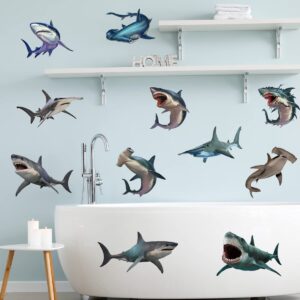 MEFOSS 11 PCS 3D Large Shark Wall Decal Stickers, Ocean Animal Under The Sea Wall Decal Stickers, Peel and Stick Removable Sea Creature Shark Stickers for Kids Room Playroom Bathroom Baby Nursery Wall Decor