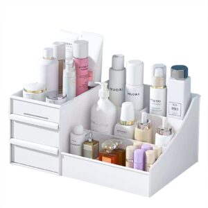 amovee makeup organizer, white skincare organizers on countertop, cosmetic storage organizer fits skincare, lotions, lipsticks, nail polish, brushes, and perfume, a holiday gift