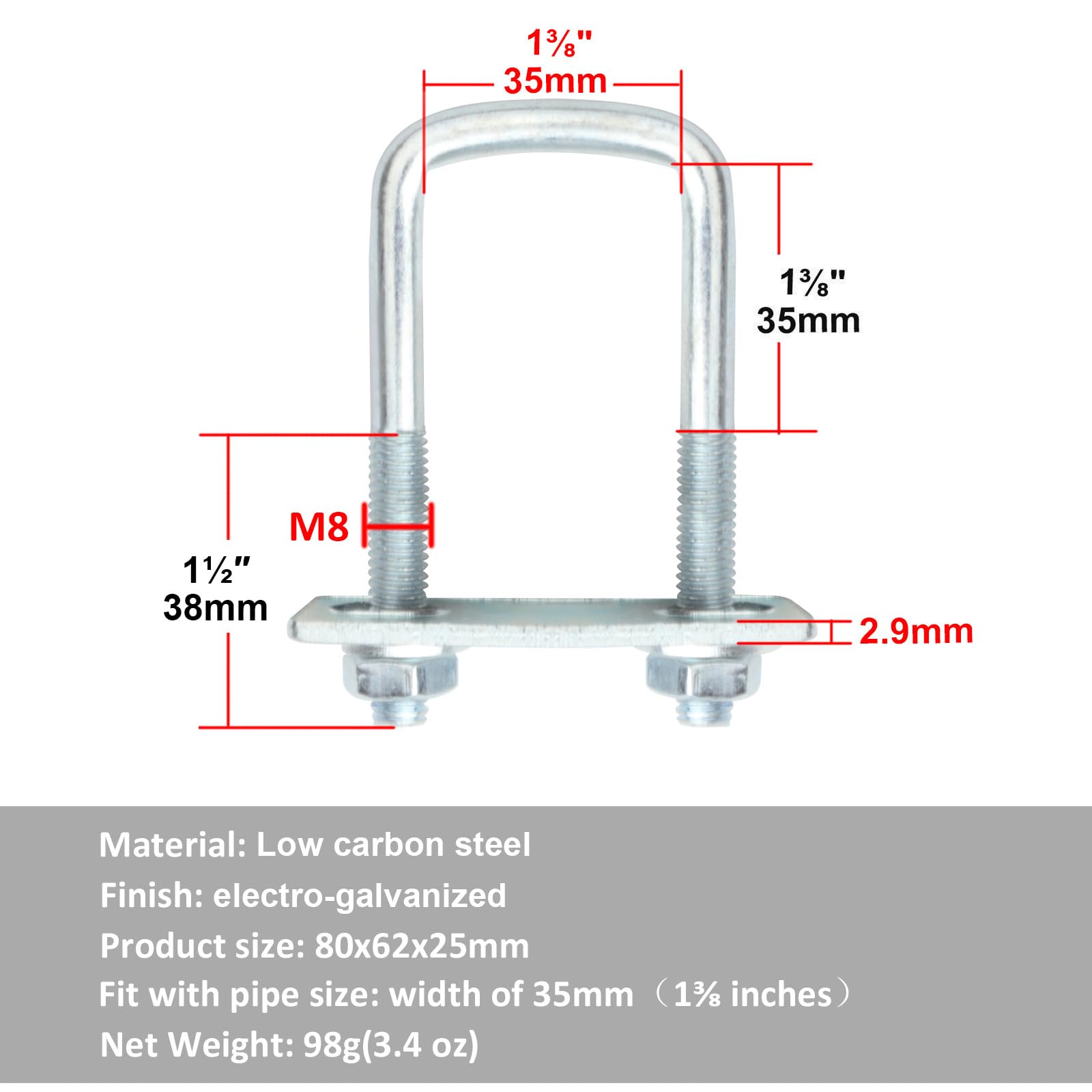 10 Pack Square U-Bolts 1-3/8 inch Inner Width, Galvanized Steel Square Trailer U-Bolts, Square Bend U-Bolts, U Clamps, Adjustable Length: 1-3/8-2-3/8 inch(35-60mm)