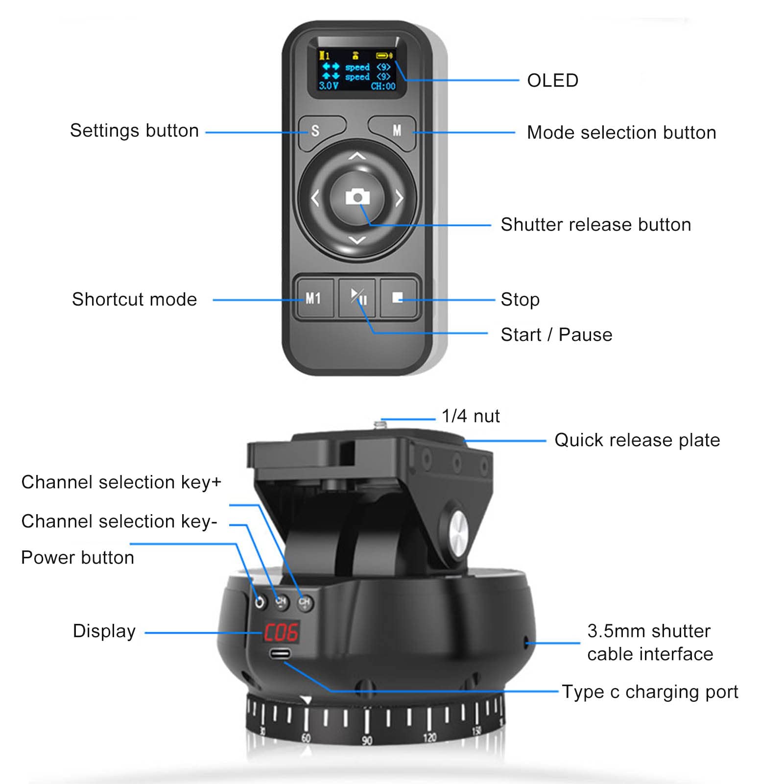 Motorized Pan Tilt Head, 100m Control, 360 Degree Rotation, Tilt ±35 Degree, 9 Gears Adjustable Speed, Panoramic Tripod Head for Smartphones, Camera