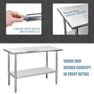 Hally Stainless Steel Table with Double Overshelf for Prep & Work 24 x 48 Inches, NSF Commercial Heavy Duty Table with Undershelf for Restaurant, Home and Hotel