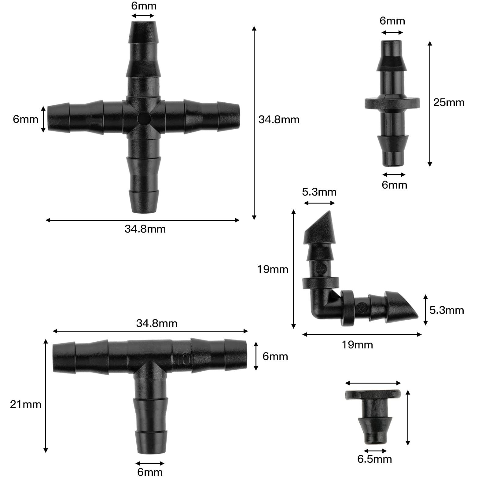 Homakover 200PCS 1/4 Drip Irrigation Fittings Kit, 80 Straight Barbs, 60 Tees, 20 Elbows, 20 End Plug, 20 4-Way Coupling for Barbed Connectors Parts for Sprinkler Systems