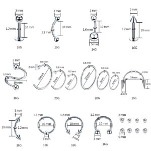 Tustrion 94PCS Mixed-pack Piercing Kits for All Body Piercings Stainless Steel 14G 16G 20G Jewelry and Needle with Tools Nose Septum Lip Ear Belly Button Cartilage Tragus