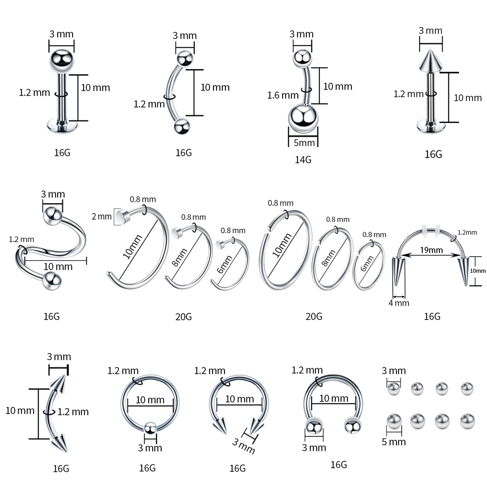 Tustrion 94PCS Mixed-pack Piercing Kits for All Body Piercings Stainless Steel 14G 16G 20G Jewelry and Needle with Tools Nose Septum Lip Ear Belly Button Cartilage Tragus