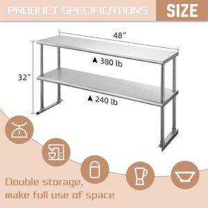 Hally Stainless Steel Table with Double Overshelf for Prep & Work 24 x 48 Inches, NSF Commercial Heavy Duty Table with Undershelf for Restaurant, Home and Hotel