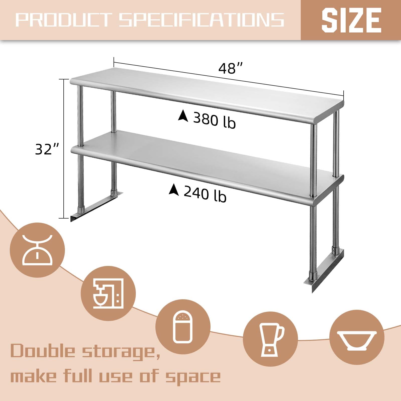 Hally Stainless Steel Table with Double Overshelf for Prep & Work 24 x 48 Inches, NSF Commercial Heavy Duty Table with Undershelf for Restaurant, Home and Hotel