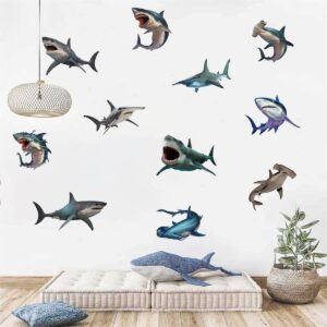 MEFOSS 11 PCS 3D Large Shark Wall Decal Stickers, Ocean Animal Under The Sea Wall Decal Stickers, Peel and Stick Removable Sea Creature Shark Stickers for Kids Room Playroom Bathroom Baby Nursery Wall Decor